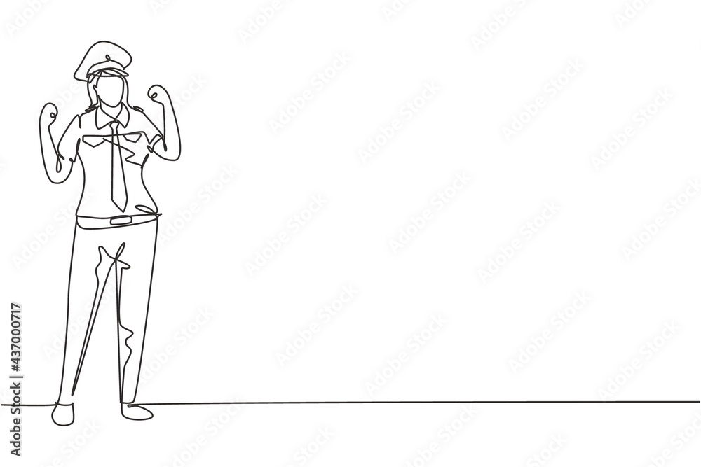 Single one line drawing female pilot stands with celebrate gesture and ...