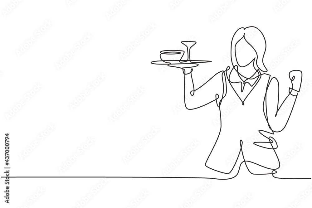 Single continuous line drawing waitress with celebrate gesture and ...
