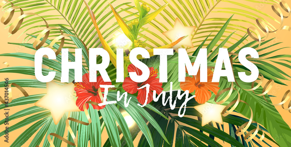 Christmas in July typography design with tropical palm leaves and ...