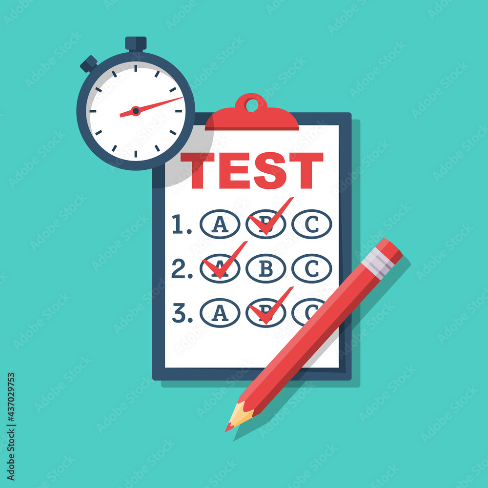 Test time concept. Clipboard with dough form, pencil, and stopwatch ...