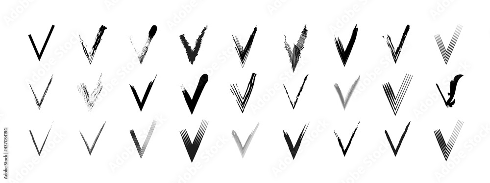 Checkmark icon set in grunge hand drawn vector style, brush stroke ...