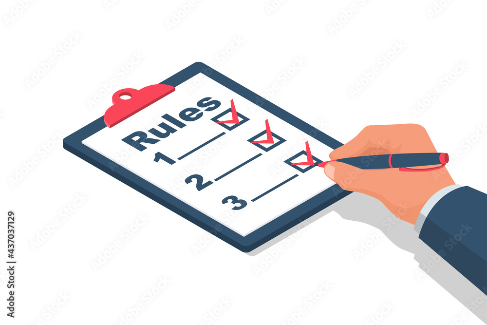 Rules concept. Businessman holding in hand clipboard with regulations ...