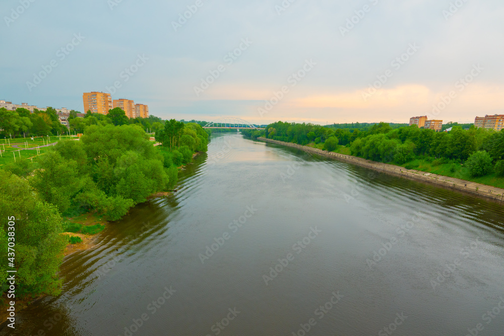 Beautiful panoramic view of a tall pedestrian and water pipe bridge ...