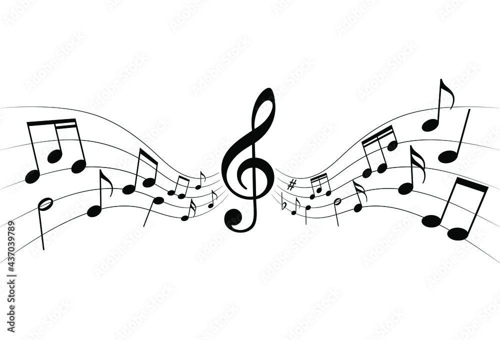 Musical notes graphic background. Music notes and staff on white ...