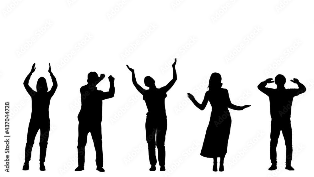 Black silhouettes of a young woman and man dancing, waving and clapping ...