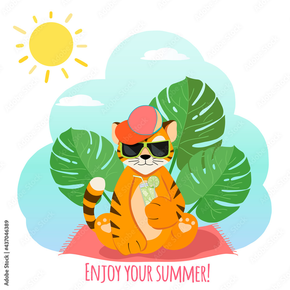 Cute tiger on summer vacation. A funny character in sunglasses with a ...