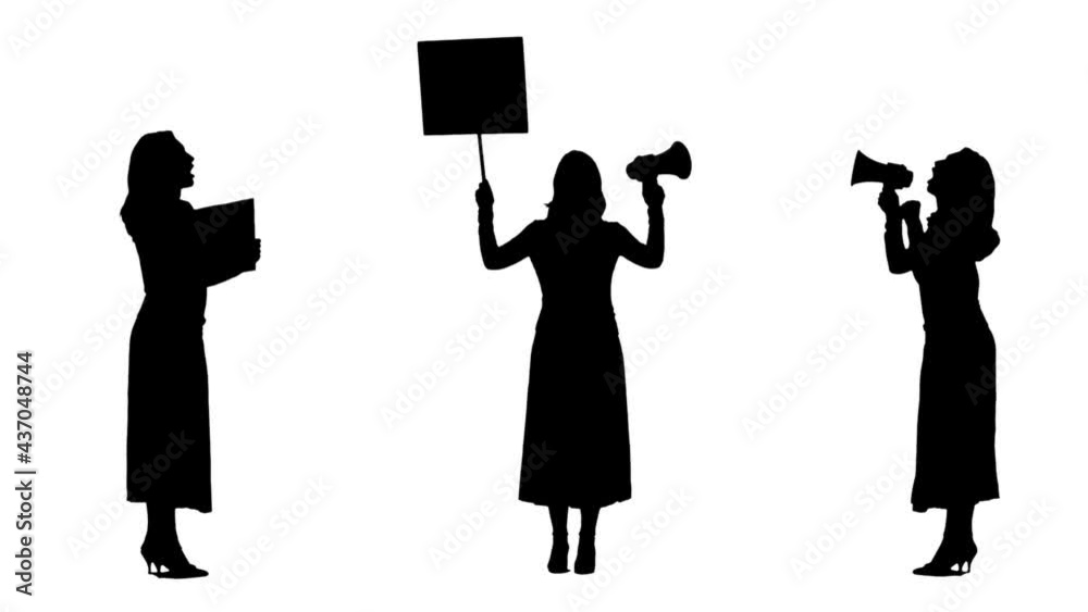Vidéo Stock Black silhouette of young woman protester in long dress ...