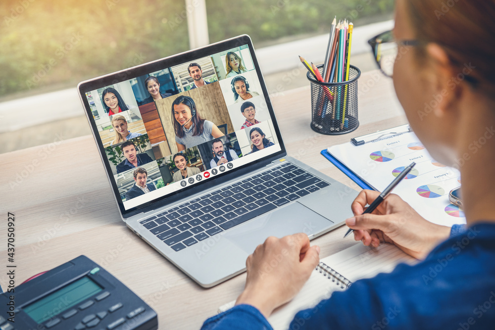 Business woman using computer laptop online meeting in video call. Back ...
