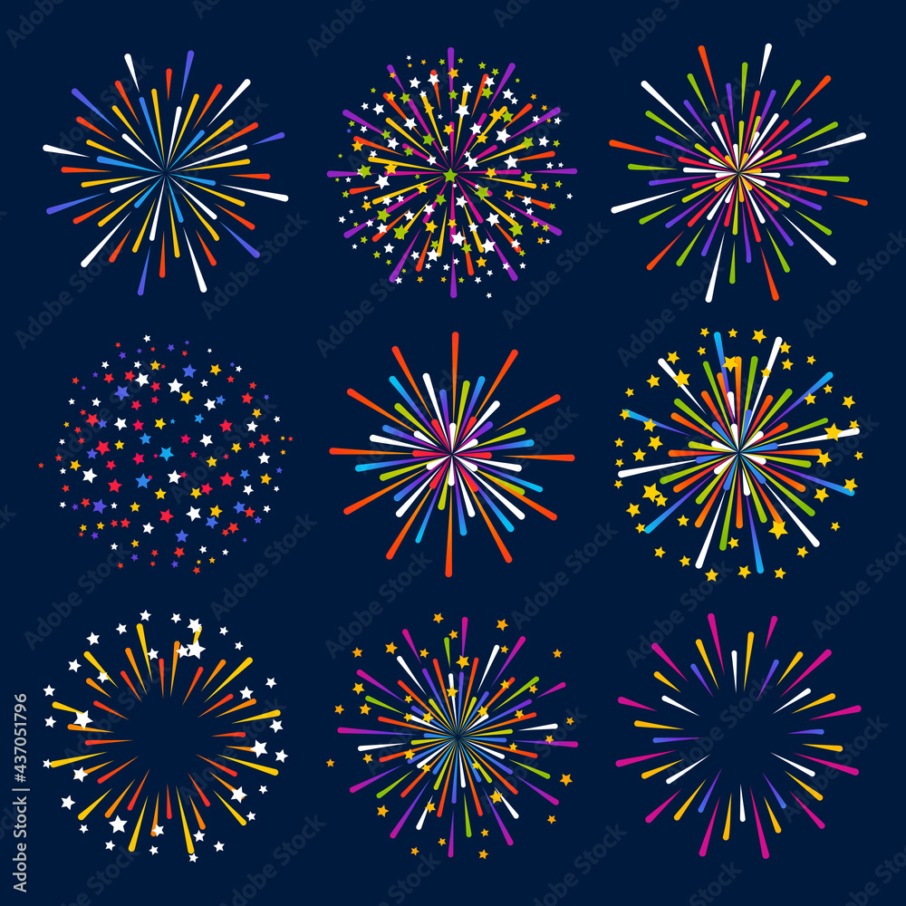 Set of color fireworks on night sky background for anniversary holiday ...