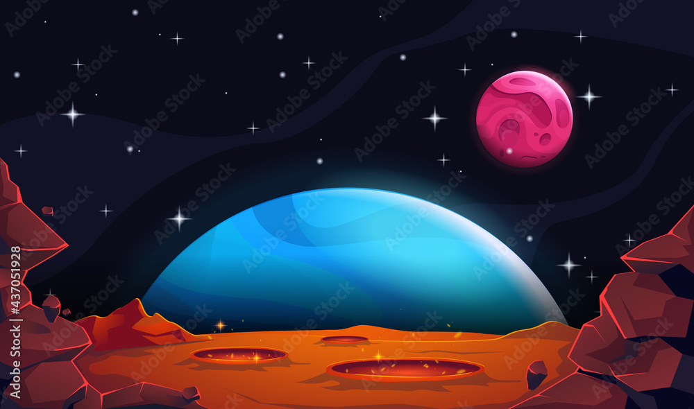 Landscape of Mars with the planet earth. Orange desert with meteorite ...