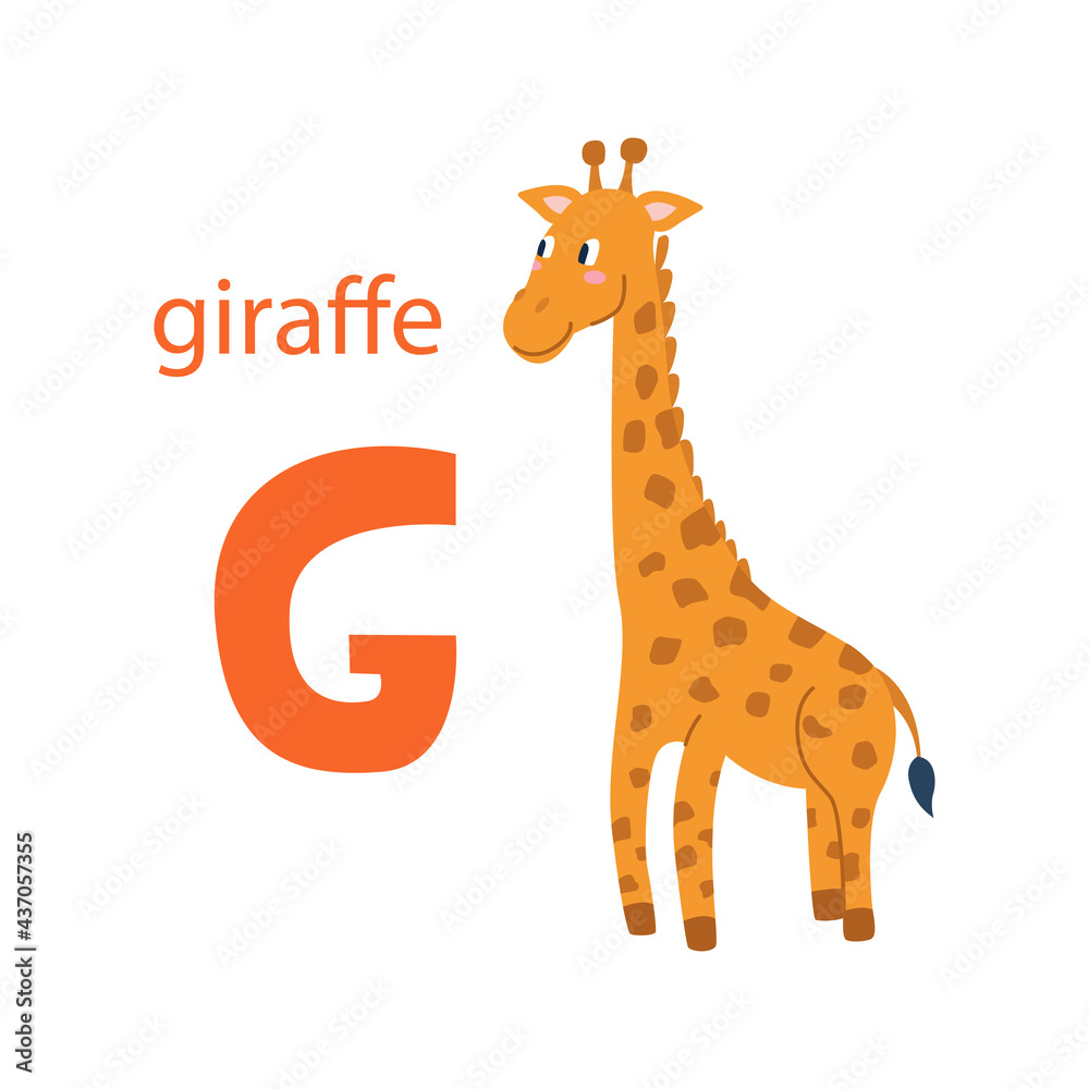 Cute giraffe card. Alphabet with animals. Colorful design for teaching ...