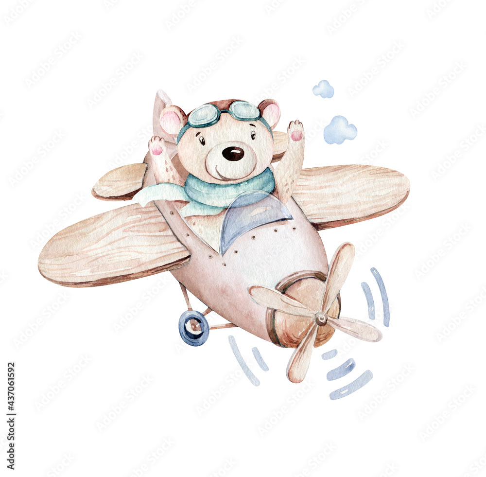 Watercolor set baby cartoon cute pilot aviation background illustration ...