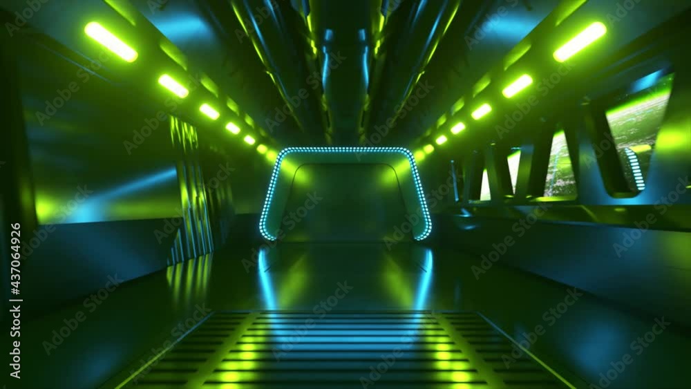 Sci-fi tunnel in outer space with neon light. Planet Earth outside the ...