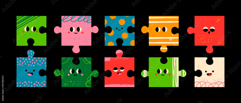 Abstract Puzzle creatures with Faces. Various Emotions. Different ...
