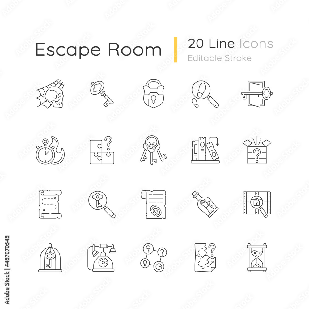 Escape room linear icons set. Challenge for logic skills. Solving ...
