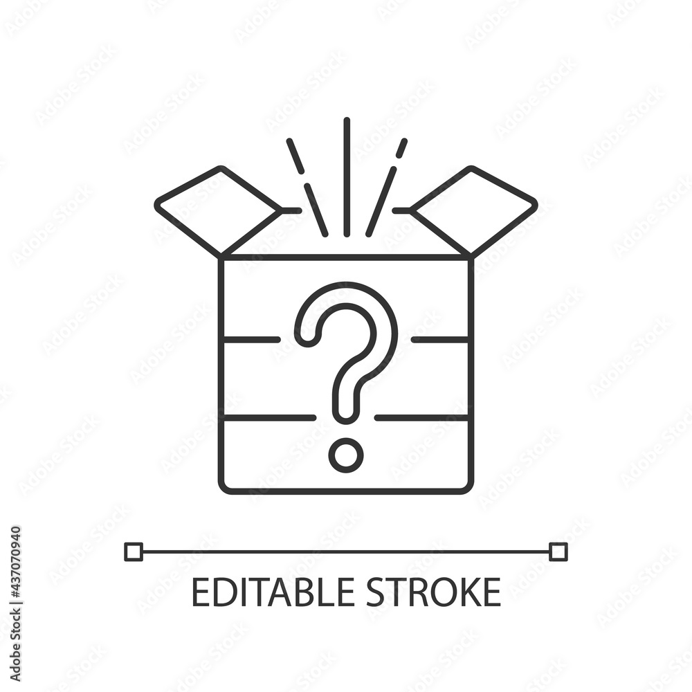 Mystery box linear icon. Chest with question mark. Win surprise ...