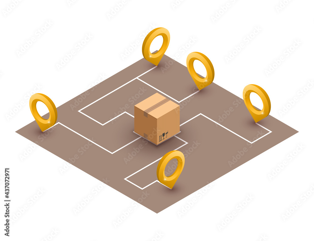 Isometry parcel box and many logistics path way icons falling into ...