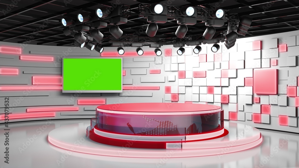 Tv studio. News room. Blye and red background. General and close-up ...