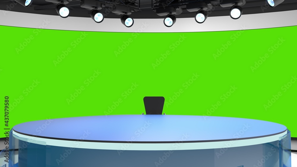 Tv studio. News room. Blye and red background. General and close-up ...