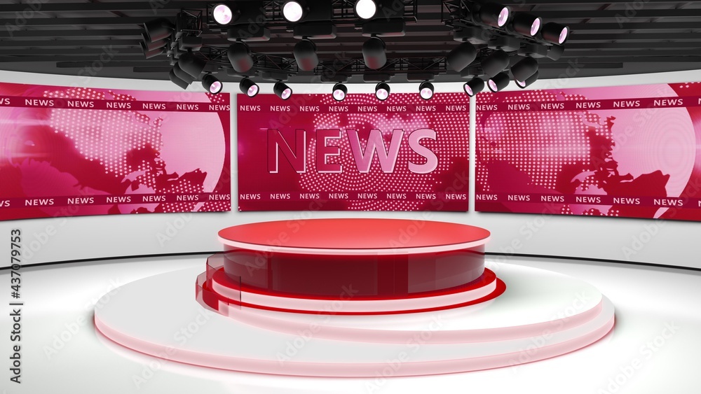 Tv studio. News room. Blye and red background. General and close-up ...