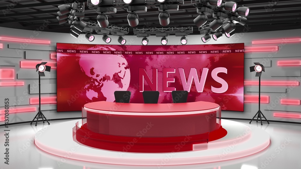 Tv studio. News room. Blye and red background. General and close-up ...