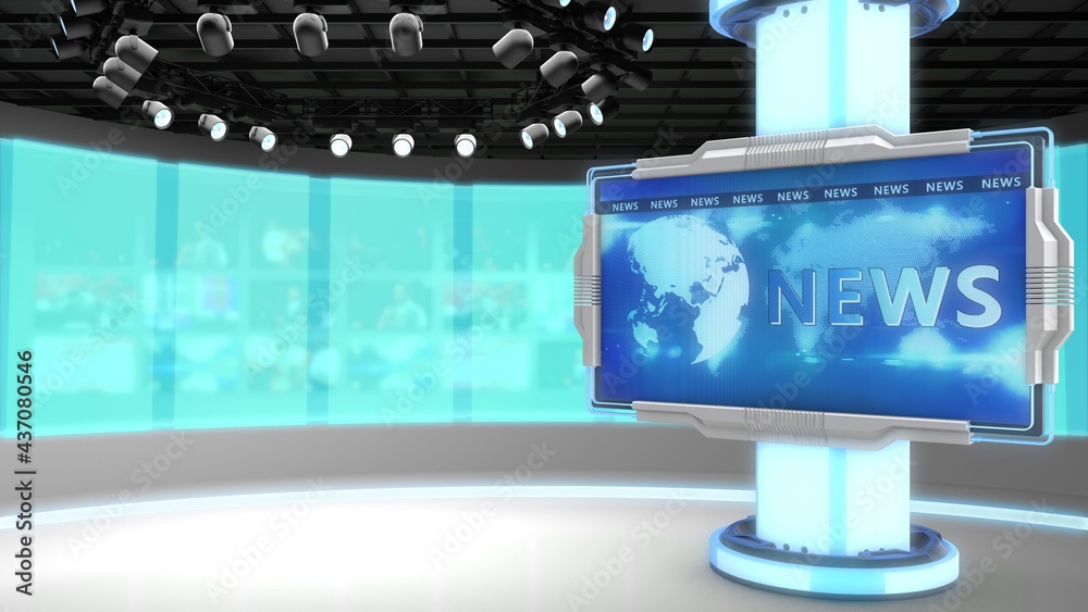 Tv studio. News room. Blye and red background. General and close-up ...