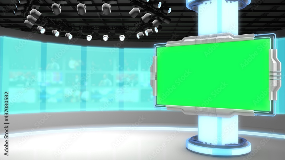 Tv studio. News room. Blye and red background. General and close-up ...