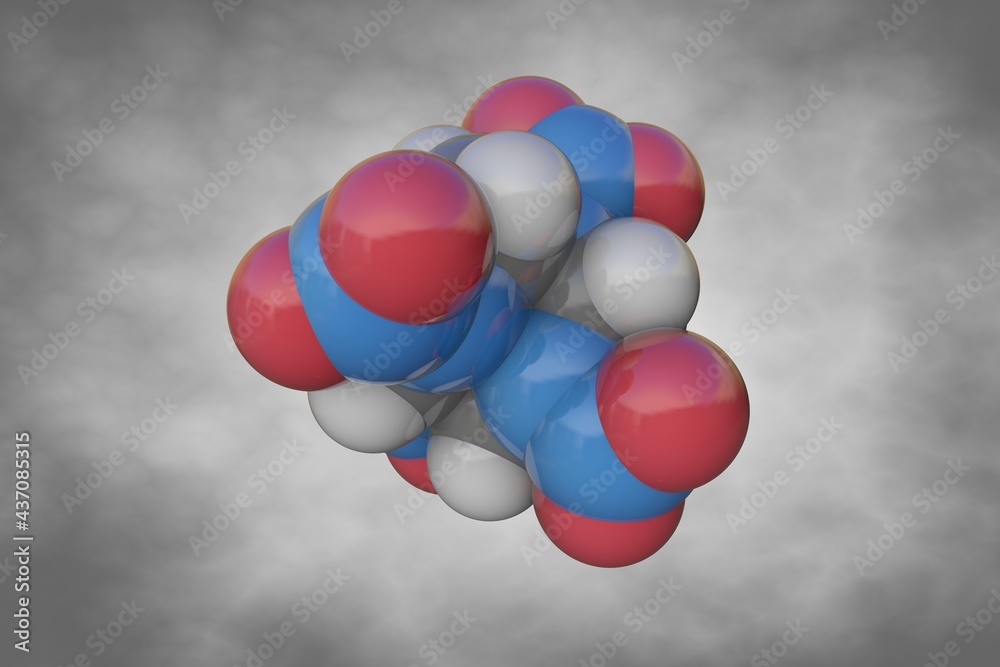 Space-filling molecular model of octogen. Atoms are represented as ...