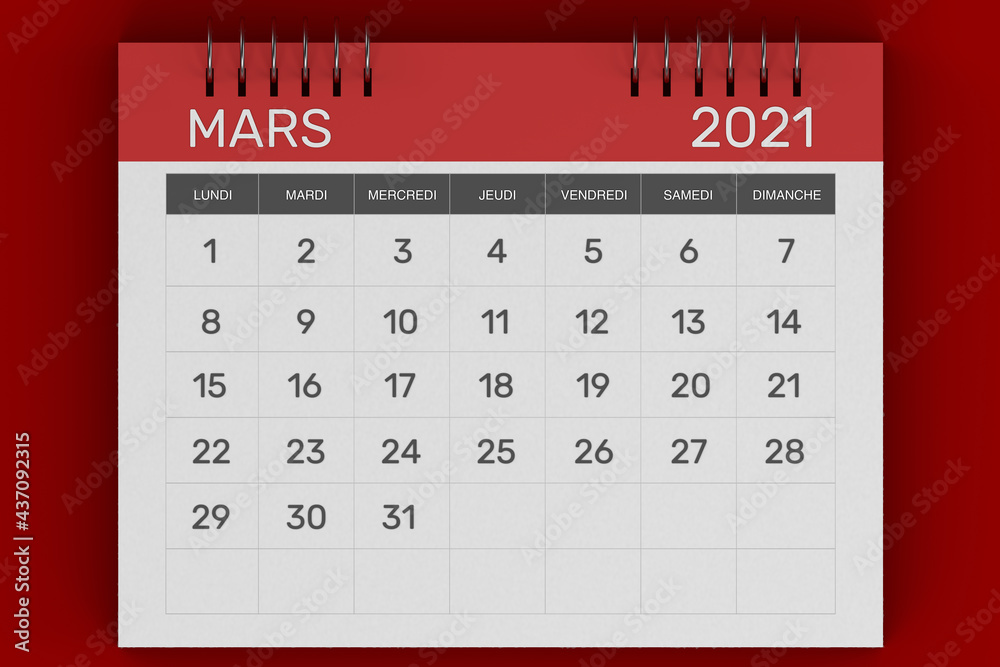 3d rendering of Business monthly calendar in French with metal spiral ...