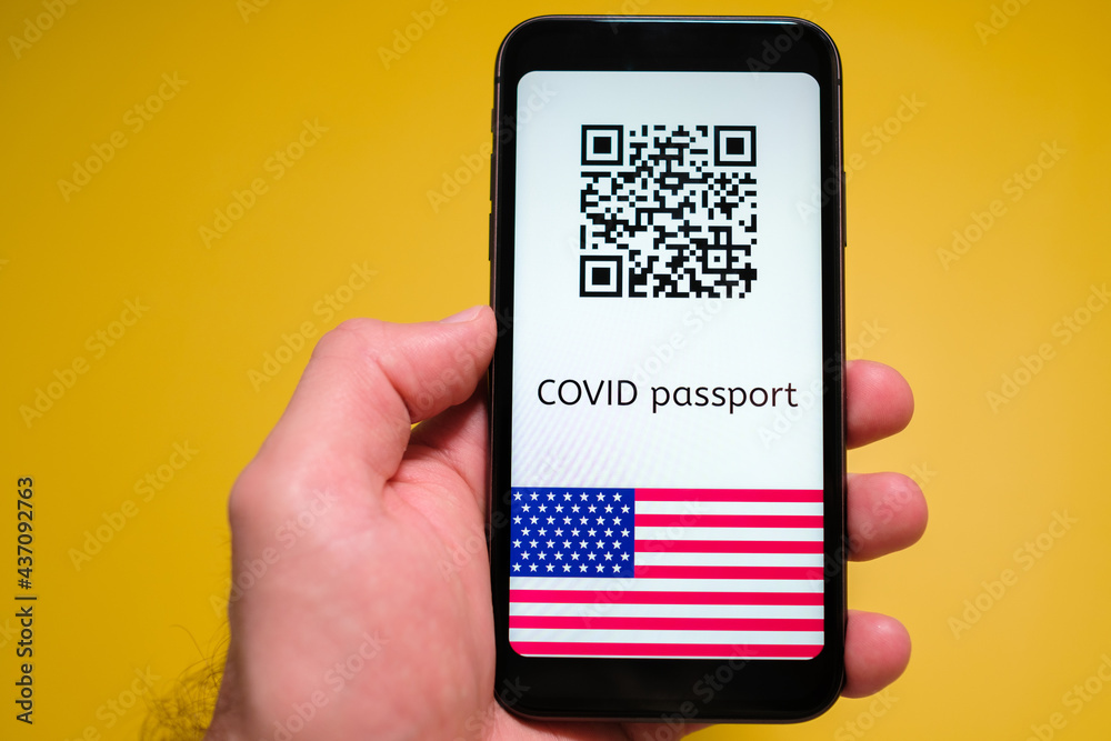 Covid pass with QR code with USA flag on the screen in smartphone in ...