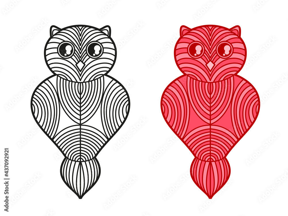Geometric owl. Detailed hand drawn line bird with abstract patterns on ...