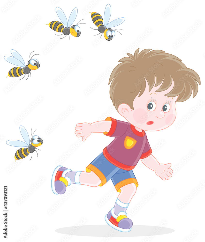 Afraid little boy running away from a swarm of angry wasps flying and ...