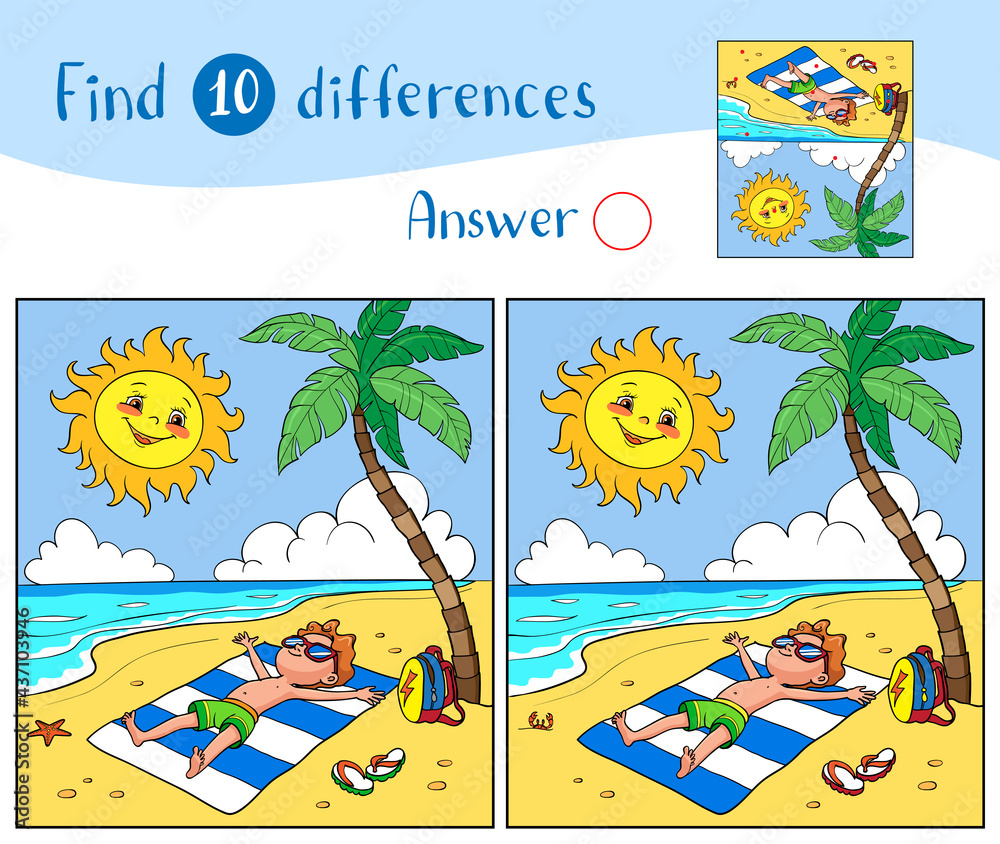 Find 10 differences. Educational game for children. The boy sunbathes ...