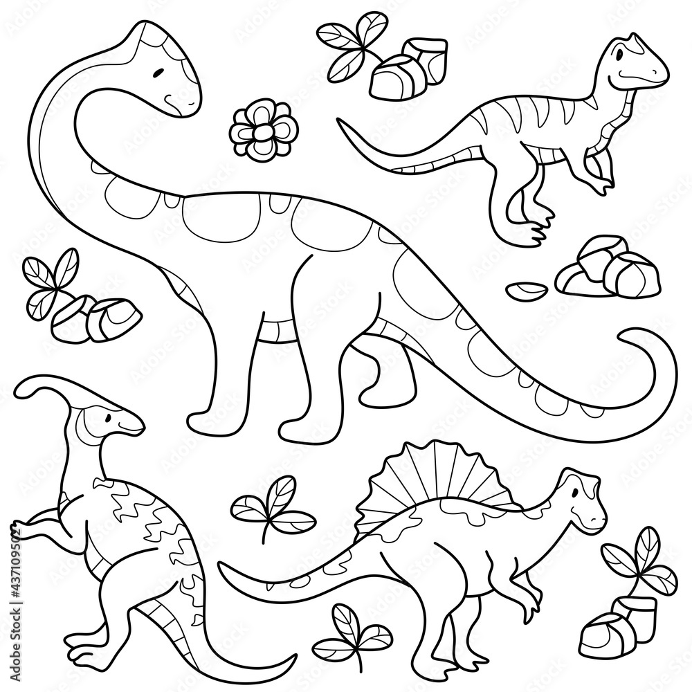 Coloring antistress page for adults and children. Dinosaur set in ...