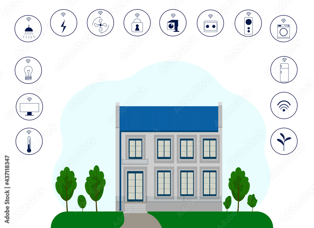 Smart home concept. Large house with windows, door, roof and garden ...