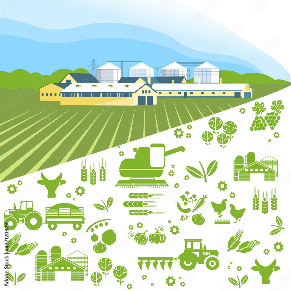 Agricultural background of farm icons. The vector illustration of the ...