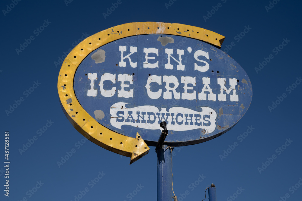 Tucamcari, New Mexico - May 6, 2021: Sign Kens Ice Cream Sandwiches ... Tucamcari, New Mexico - May 6, 2021: Sign Kens Ice Cream Sandwiches ...