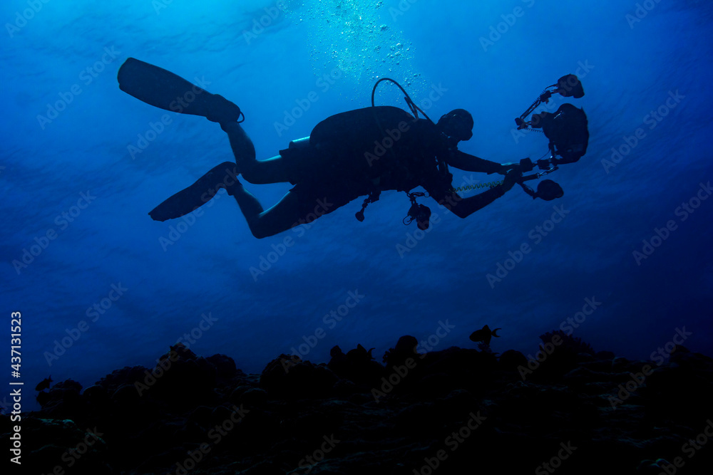 Underwater photographer silhouette diving in blue water background ...