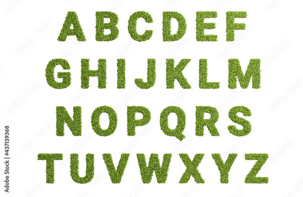 3d rendering green growing leaves alphabet letter isolated on white ...