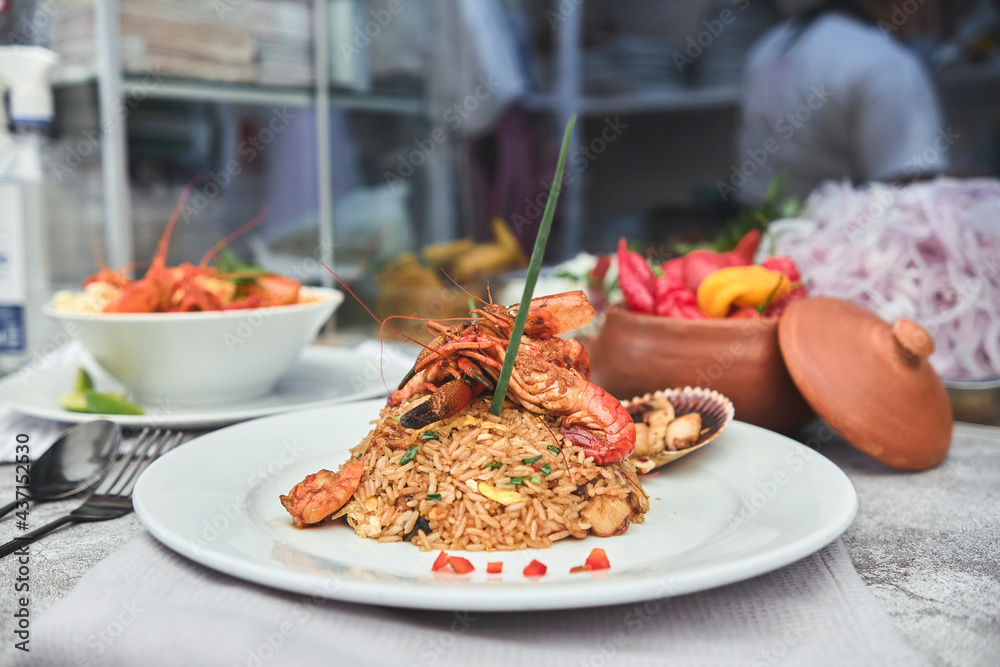 Peruvian food: called "Arroz chaufa" with seafood and "Chupe de ...
