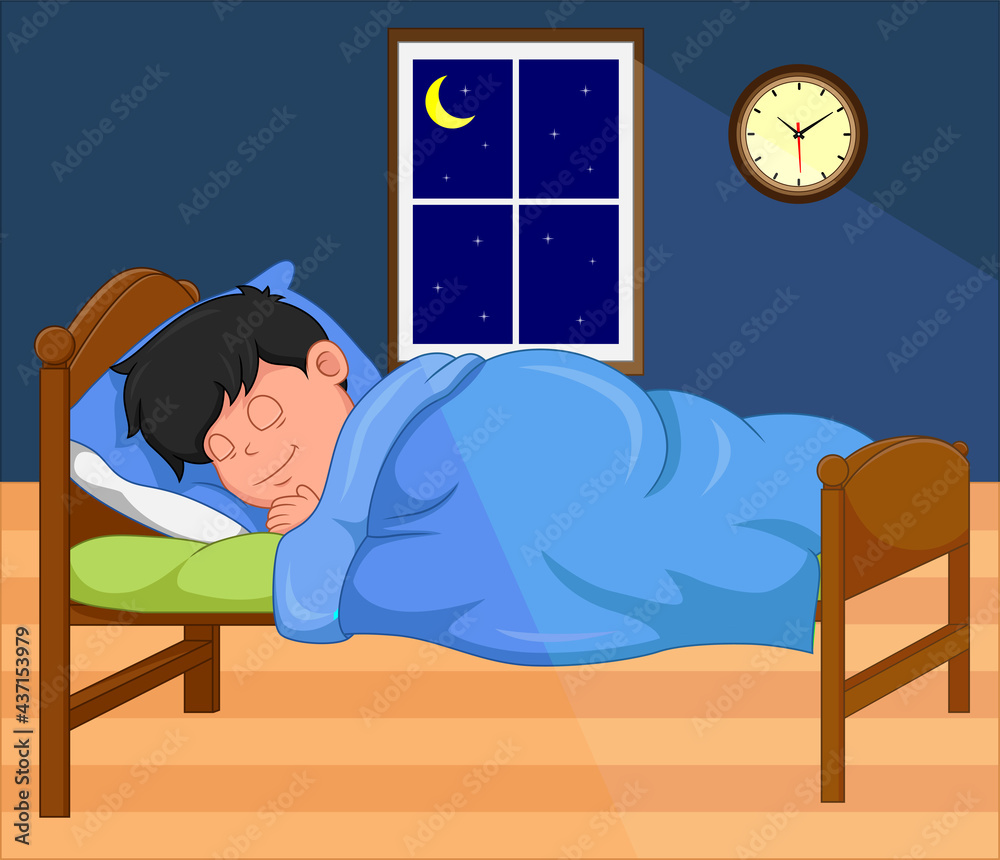 cartoon boy sleeping at night in bedroom Stock Vector | Adobe Stock