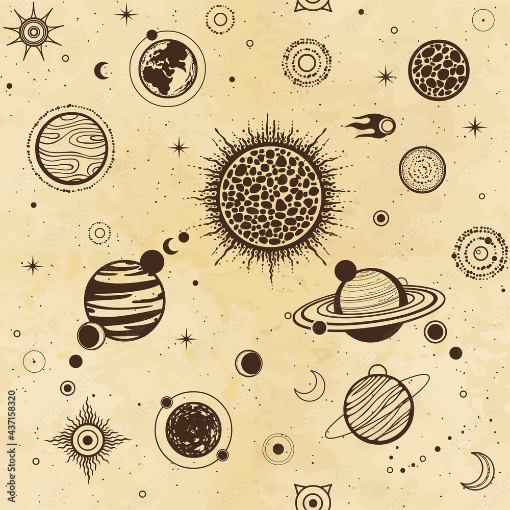 Seamless background: cartoon planets of solar system. Space symbols ...