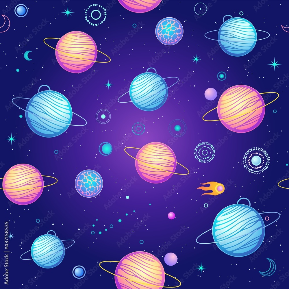 Seamless background: Cartoon planets, space symbols. Background - night ...