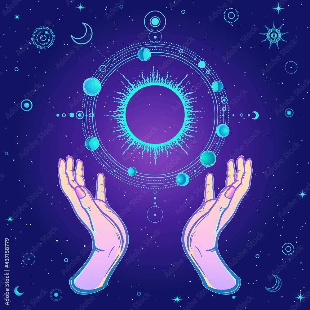 Human hands hold a stylized solar system, cosmic symbols, phase of the ...