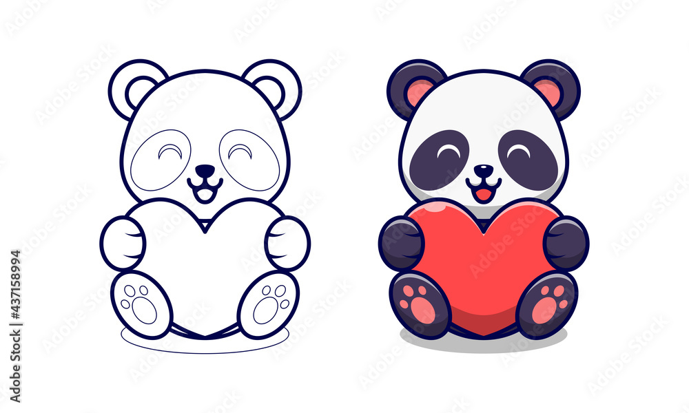 Vetor de Cute panda holding love cartoon coloring page for kids do ...