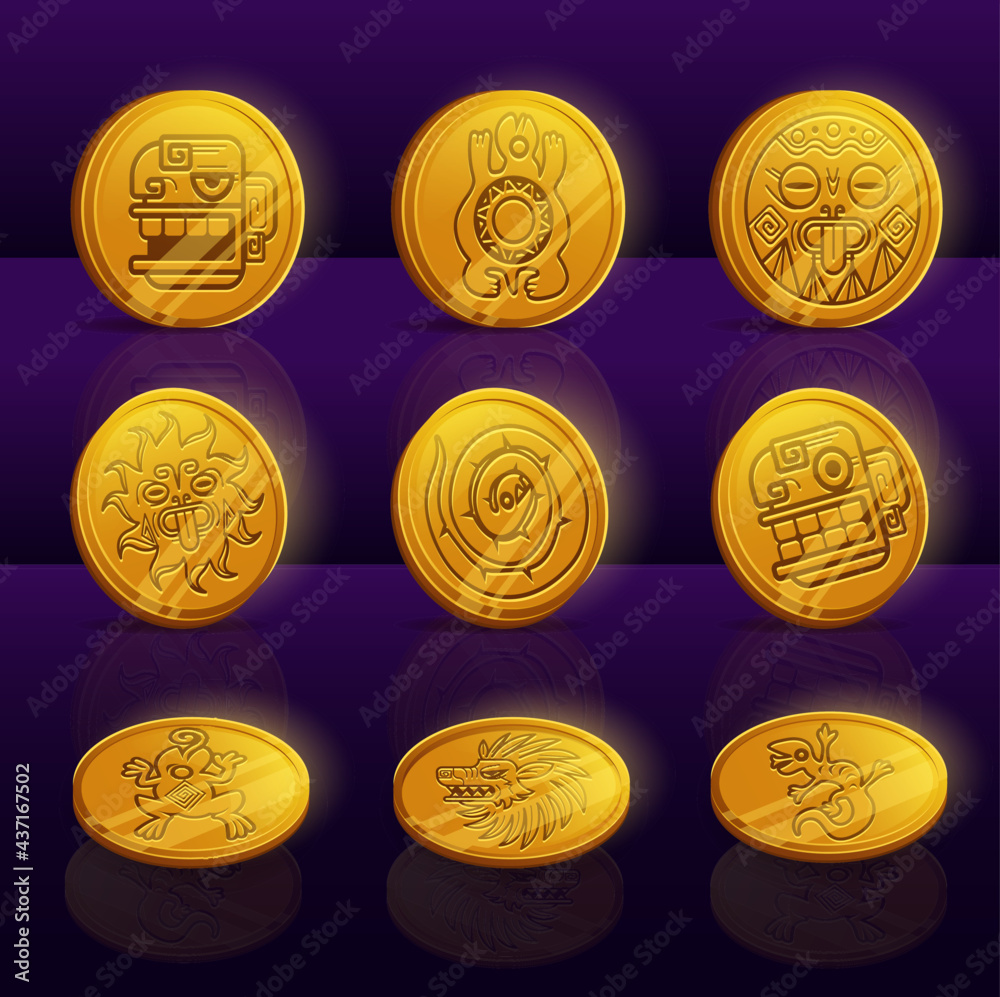 Set of gold coins with Mayan or Aztec tribal animals and idols. Ui game ...