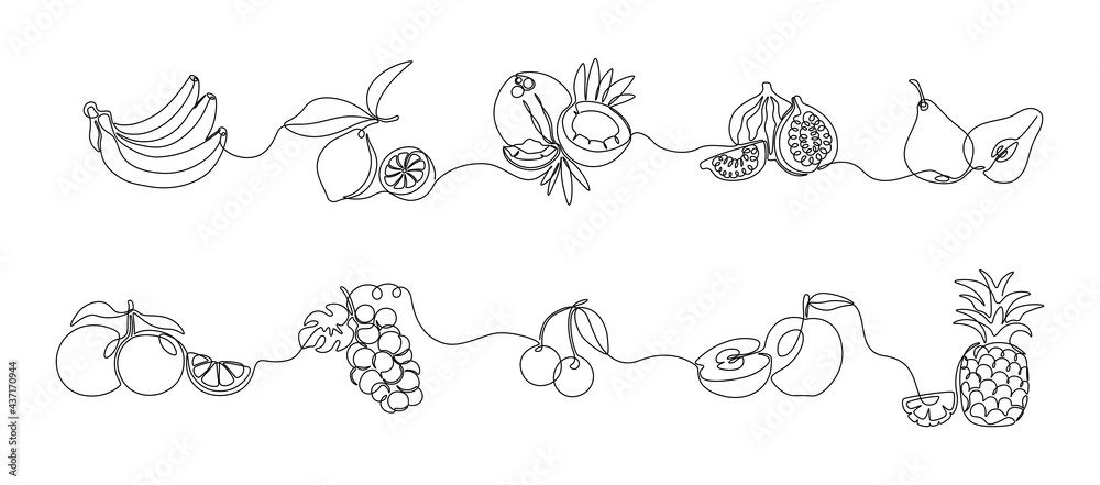 One line fruits. Continuous line exotic pineapple banana citrus pear ...