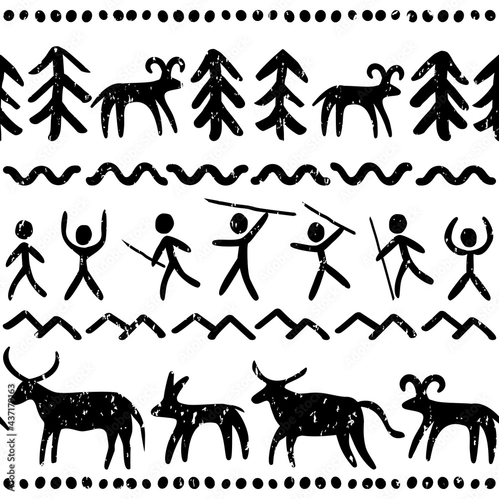 Prehostoric cave paintings art vector seamless pattern in black and ...