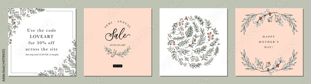 Trendy floral square templates. Suitable for social media posts, mobile ...