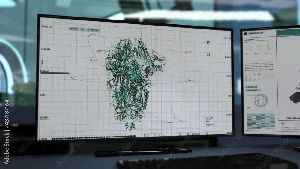 Data and informations on screen. Two screen monitors on a desk ...